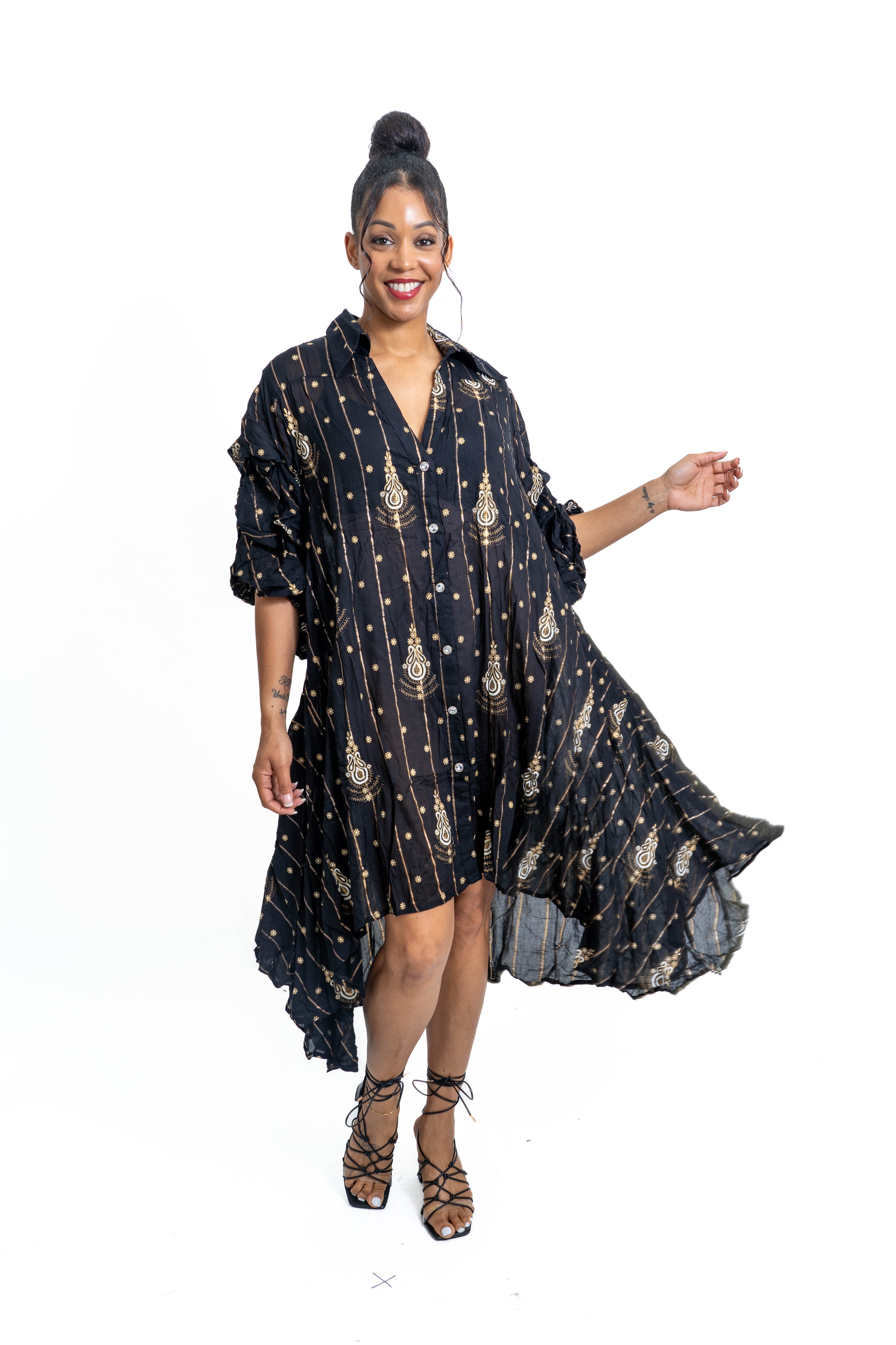 Step In Style AA25123LRX Faux Silk Metallic Paisley Print Dress